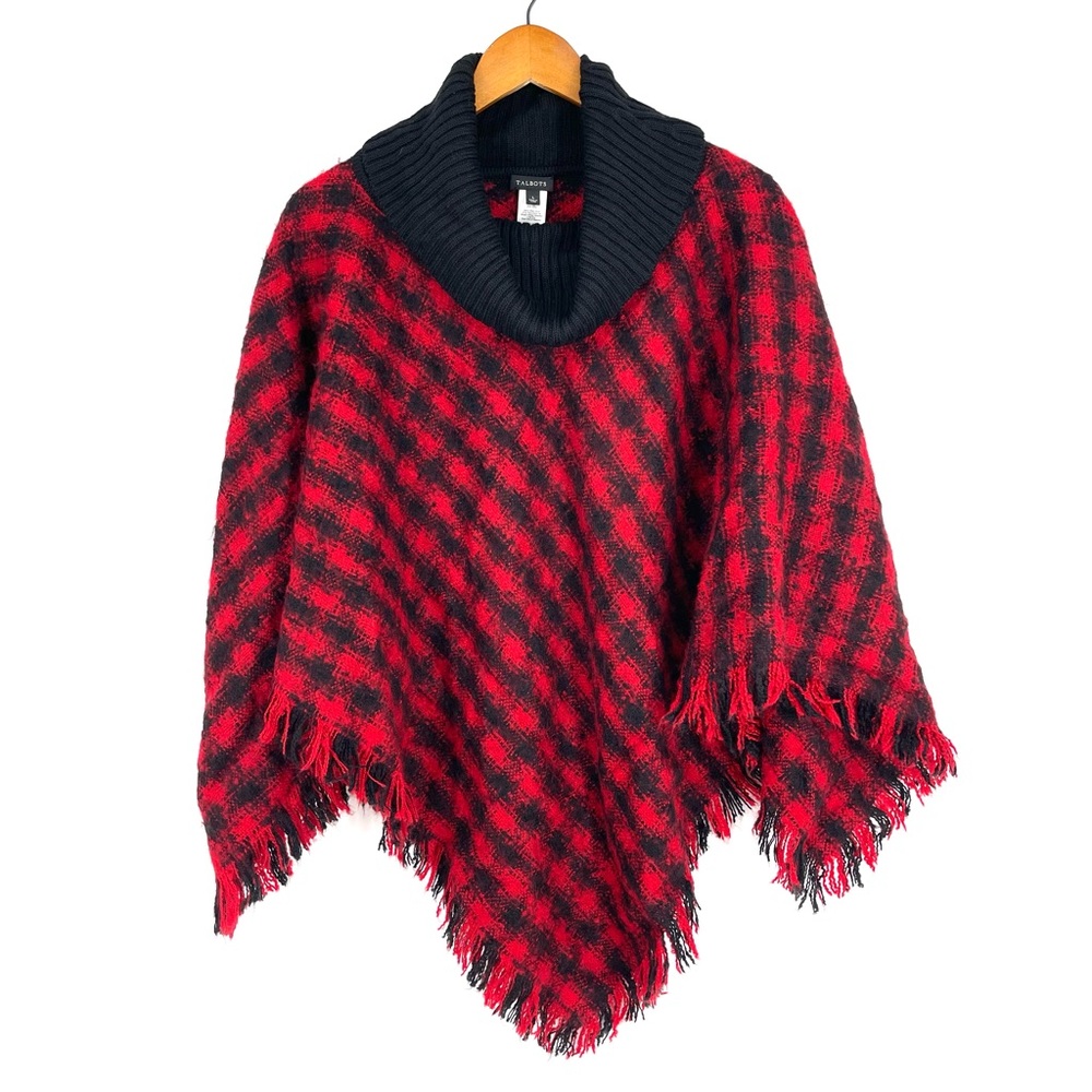 Talbots Red Black Buffalo Plaid Fringe Wool Blend Tur… - Gem